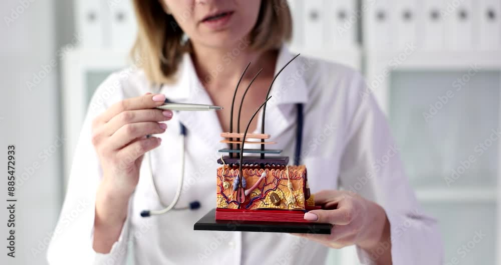 Dermatologist in medical uniform shows structure of hair follicle under ...
