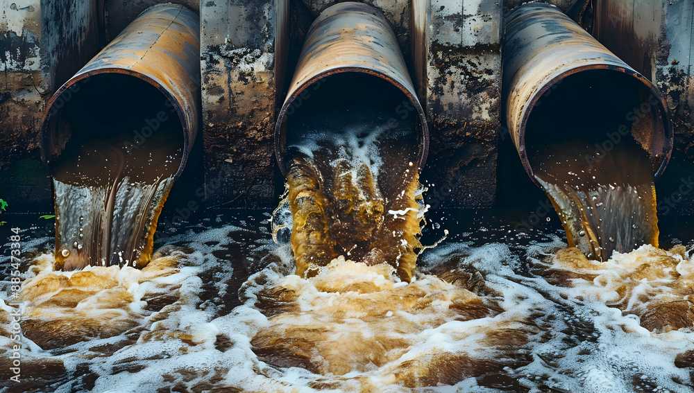 Industrial wastewater flowing from pipes into a polluted river ...