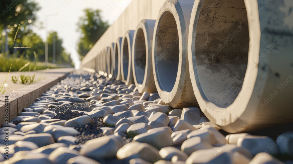 A perspective shot of large concrete pipes on a gravel path, framed by ...
