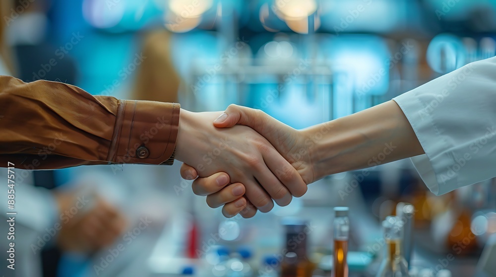 A celebratory handshake between a scientist and a presenter at a ...