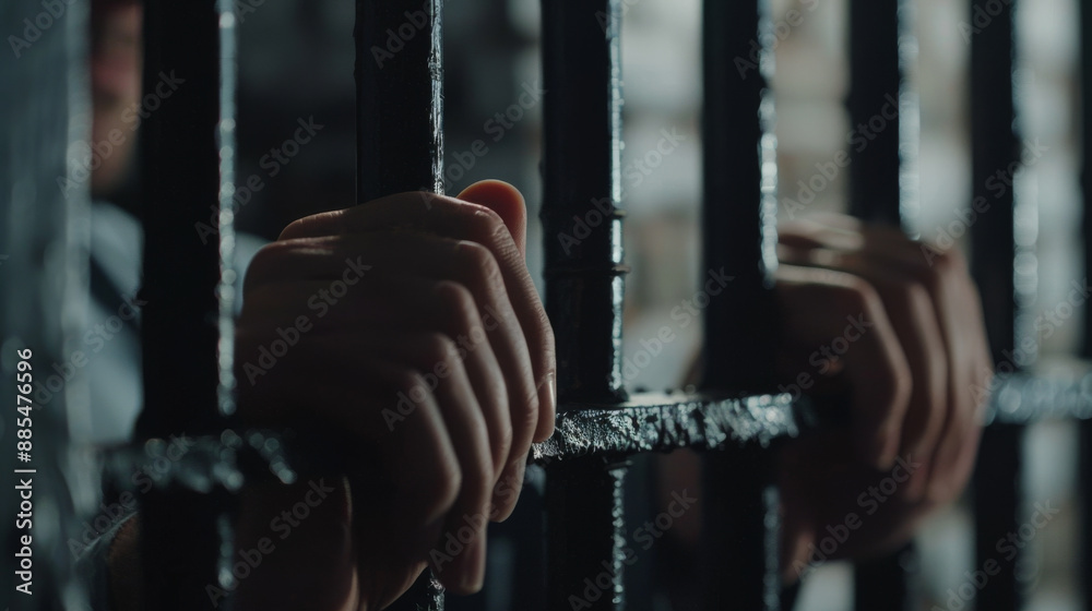 Hands gripping the bars of a prison cell, conveying a strong sense of ...