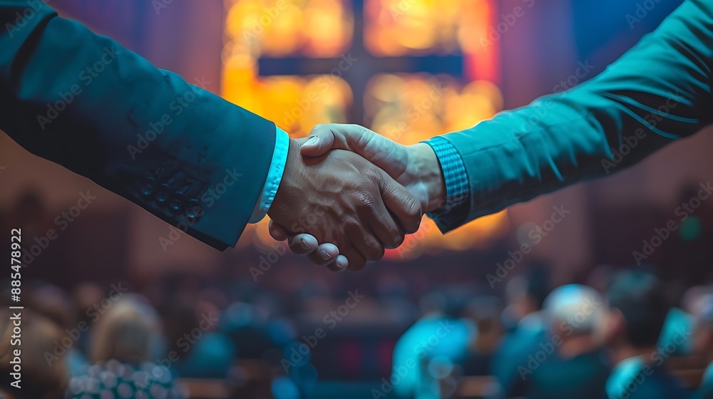 A handshake between a church leader and a guest speaker on the stage ...