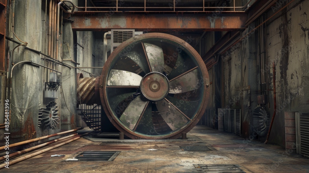 Visualize a powerful industrial fan in a warehouse setting, with ...