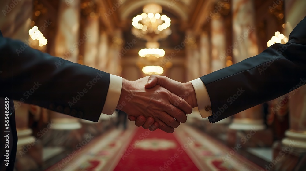 A handshake between two political figures in a stately hall, with a red ...