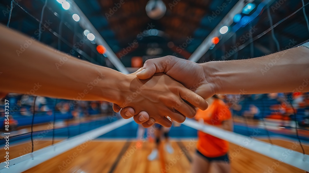 A handshake between two volleyball players at the net after a match ...