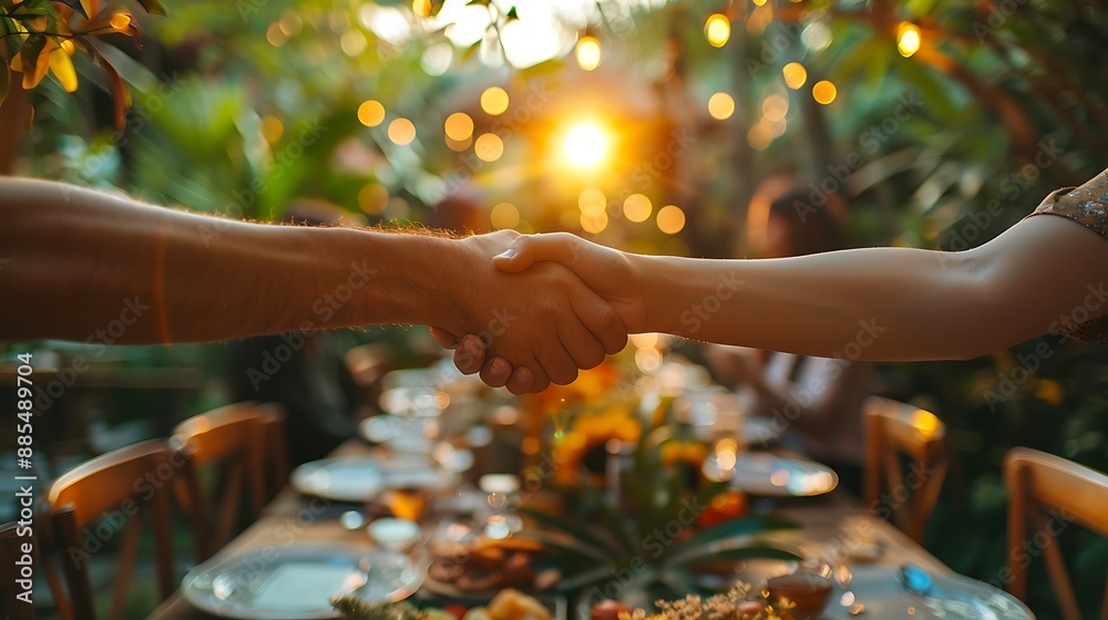 A welcoming handshake between a host and a guest at a garden party ...