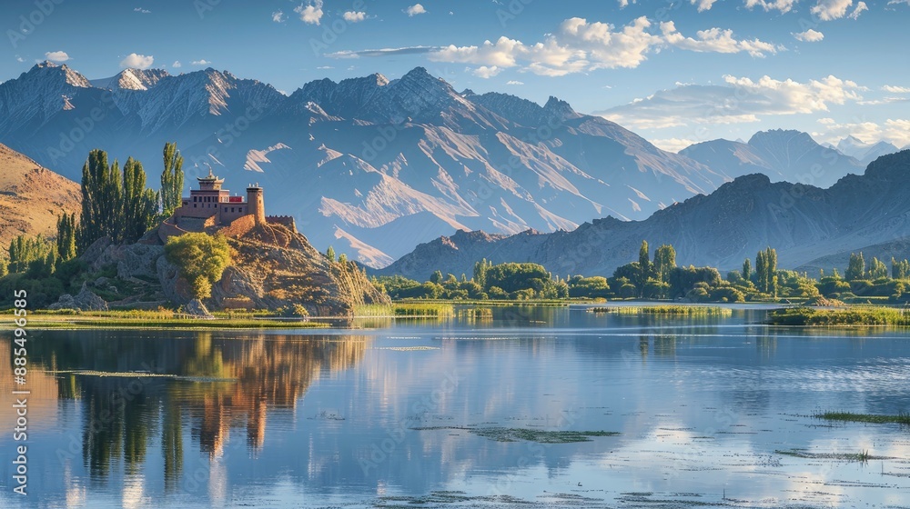 The picturesque landscape of Ladakh, with its stark mountain ranges ...