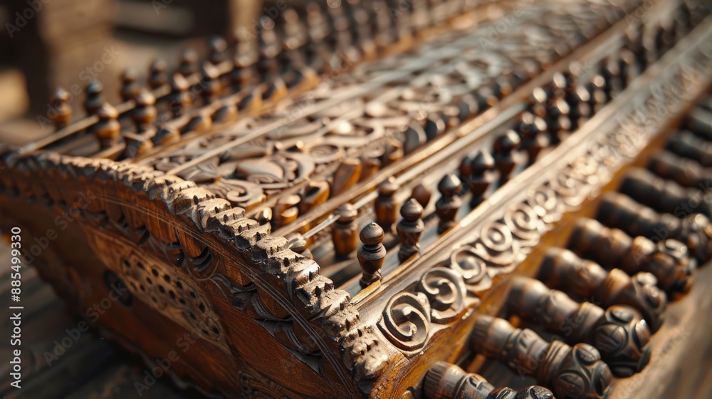 A close-up of a traditional Indian musical instrument, with intricate ...