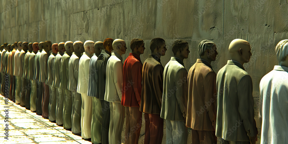 Obedient Nation: A long line of citizens standing in formation, each ...