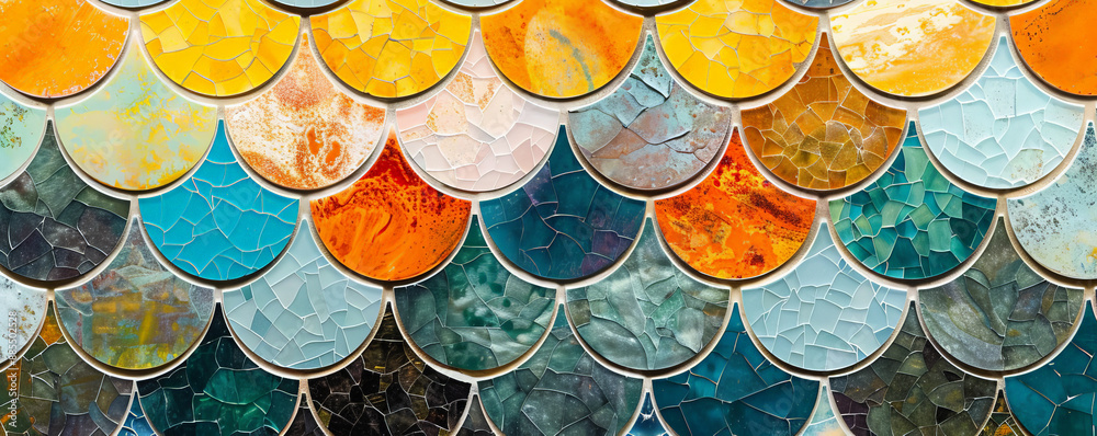 Colorful mosaic with a fish scale pattern, using a diverse palette to ...