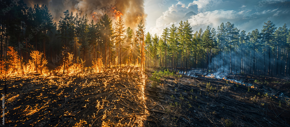 A split-screen view of a burning forest. Creative background of a fires ...