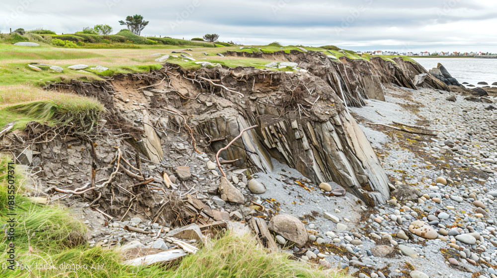 Eroded coastal cliff with exposed roots and rock layers by the sea ...