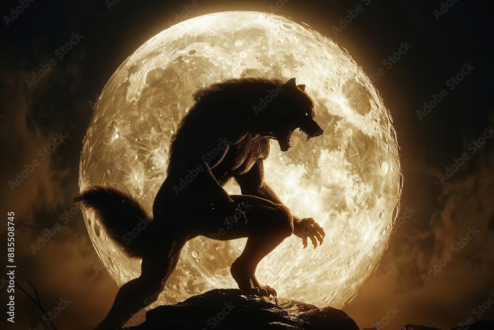 mystical werewolf silhouette against full moon detailed fur and ...