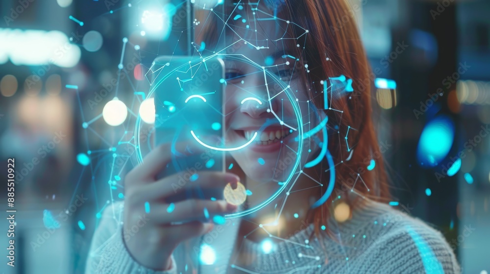 woman touching smartphone screen using smiley face emoticon with IoT ...