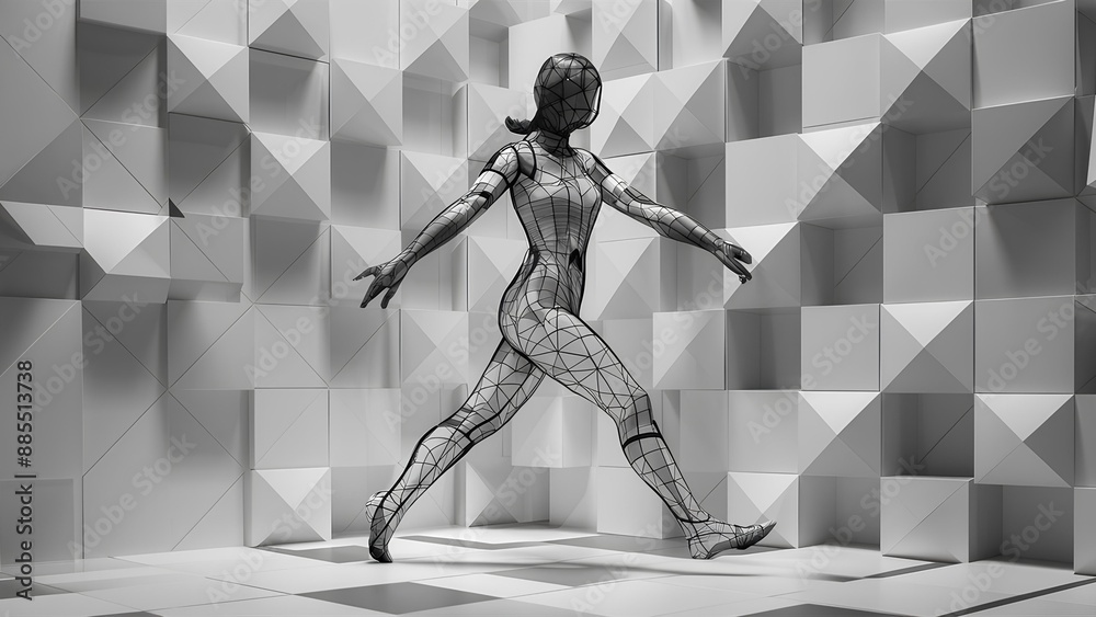 Emerging From Shadows: A 3D Wireframe Human Model Steps Into Light ...