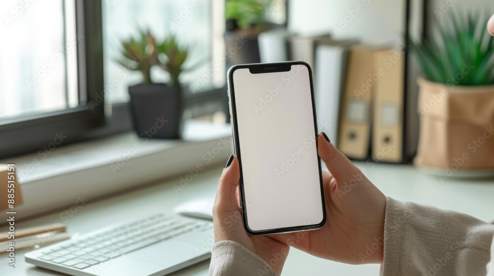 cell phone blank screen mockup woman hand holding , blank screen phone ...