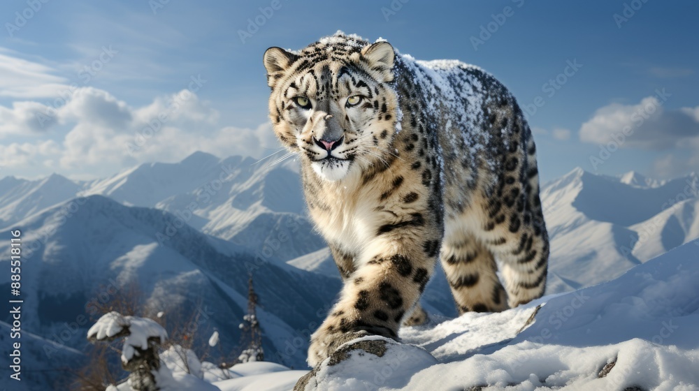 A solitary snow leopard prowling through the snow-capped peaks of the ...