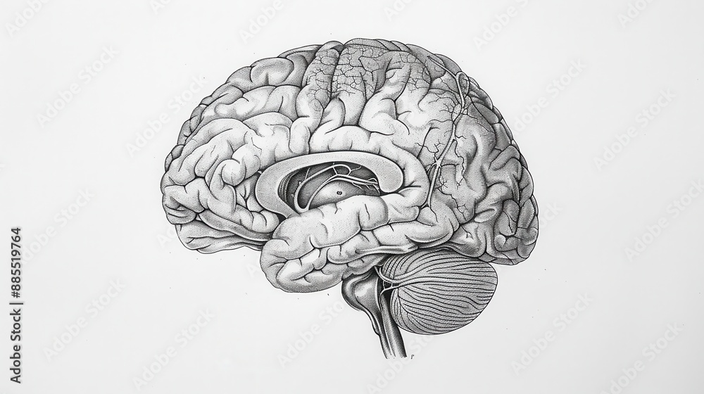 intricate monochrome etching of a human brain topdown perspective ...