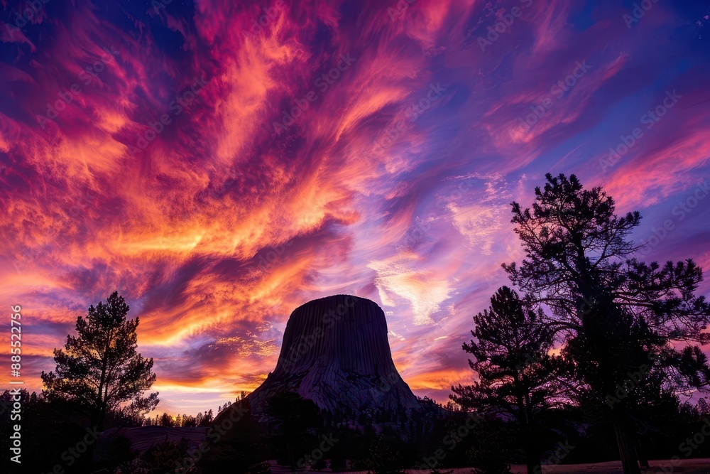 majestic devils tower silhouetted against vibrant sunset sky wispy clouds frame the monolith ...