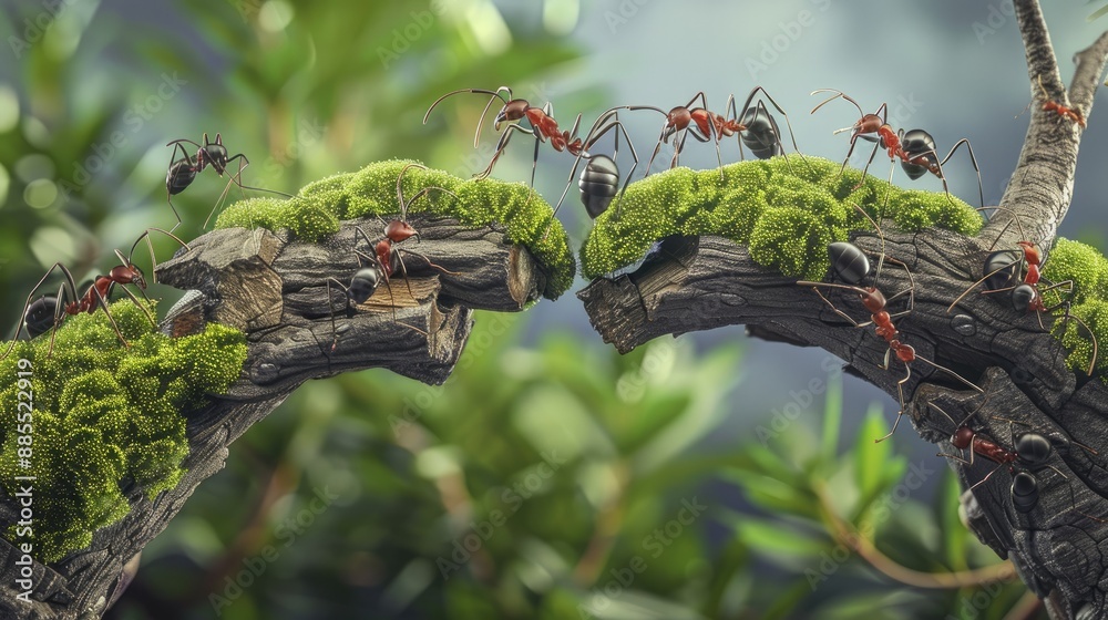 Create an illustration of ants forming a living bridge to help their ...