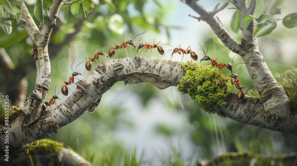 Create an illustration of ants forming a living bridge to help their ...