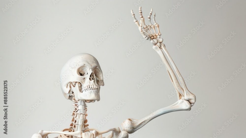 A detailed anatomical model of a human skeleton, with the arm raised ...