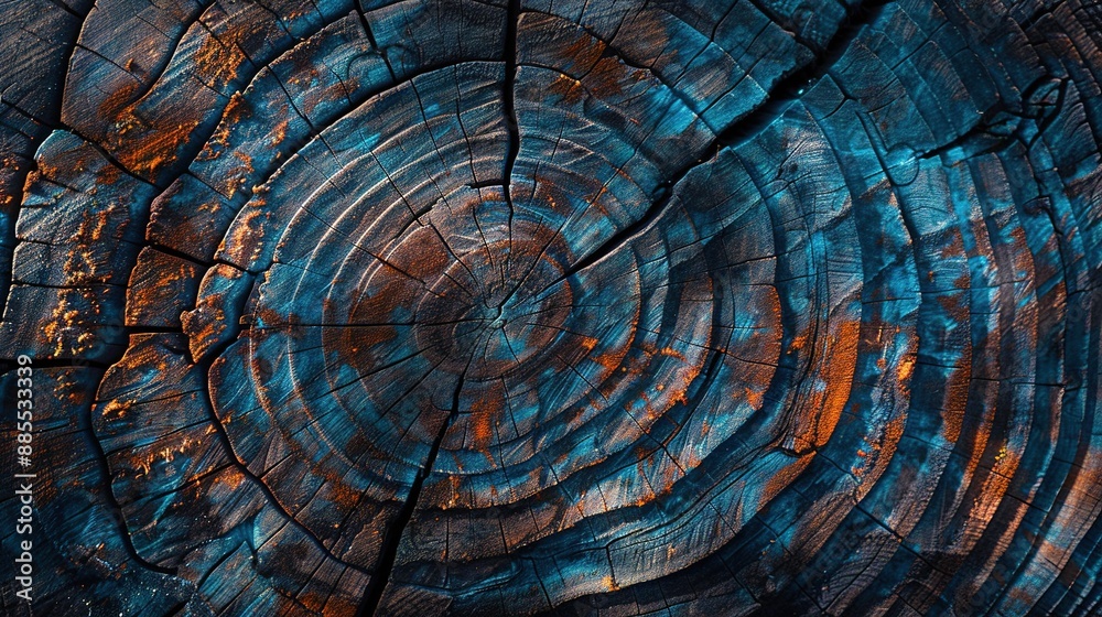 Blue and orange hues on a detailed tree trunk cross-section Stock Photo ...