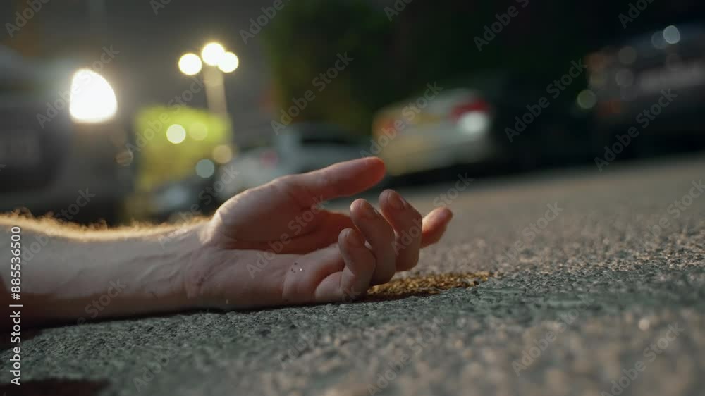 Man's hand lies motionless, illuminated by the flashing lights of a ...