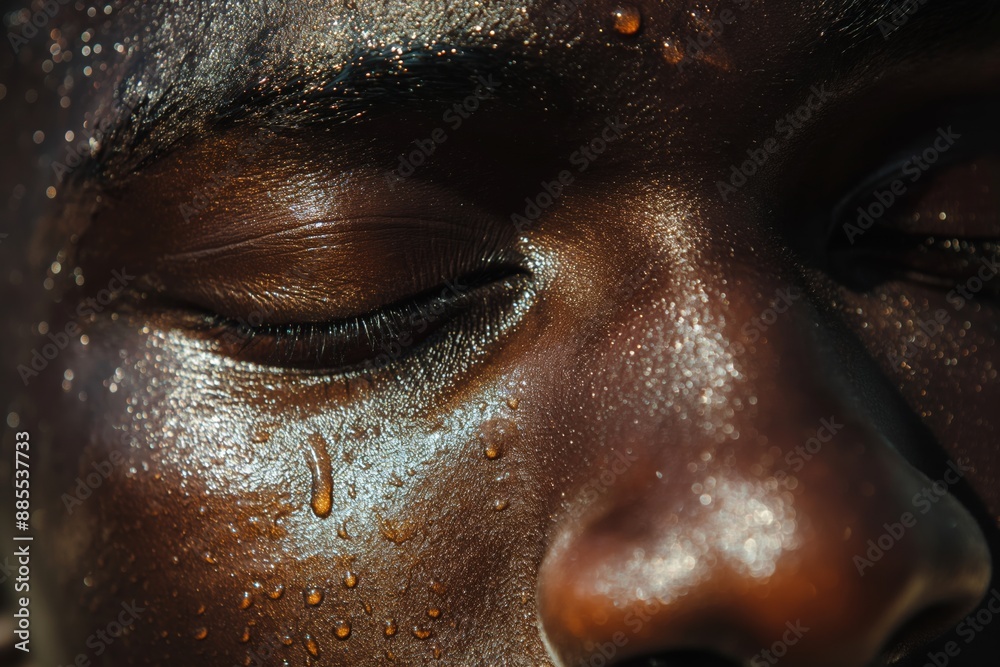 Closeup of eye of dark-skinned person with sweat droplets and closed ...