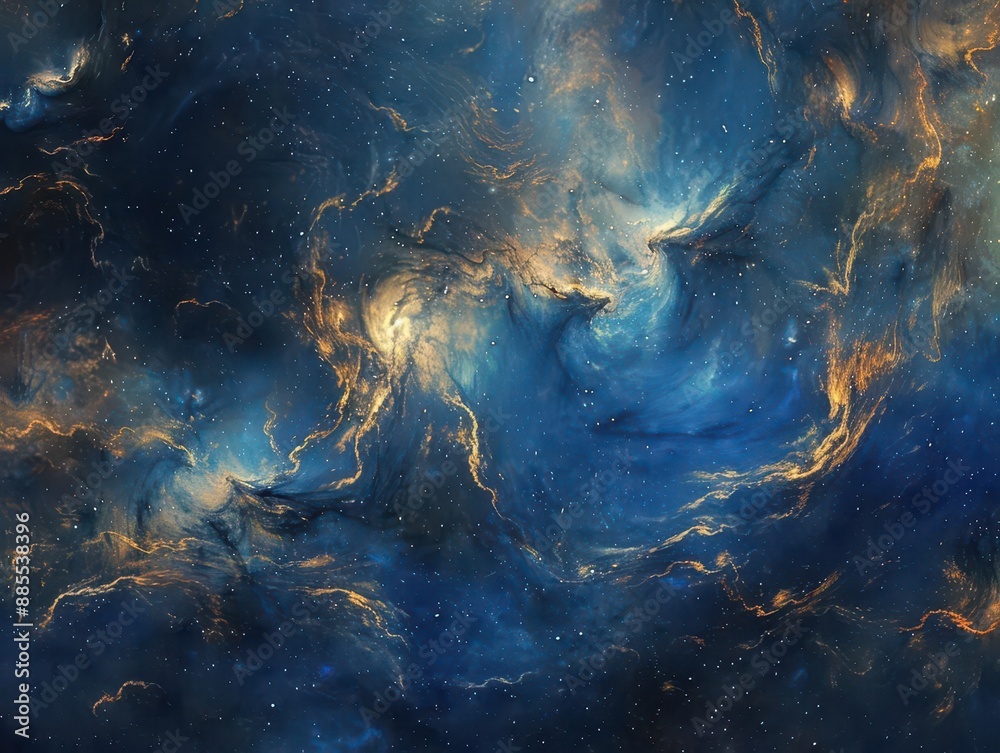 ethereal cosmic dreamscape swirling nebulae of deep blue and gold star ...