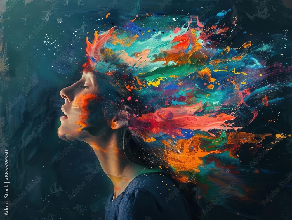 expressive portrait of a woman with thoughts and emotions visualized as ...