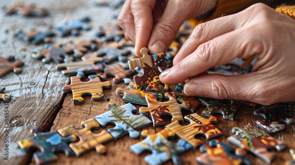 Assembling a Puzzle: Hands placing a piece into a jigsaw puzzle, with ...