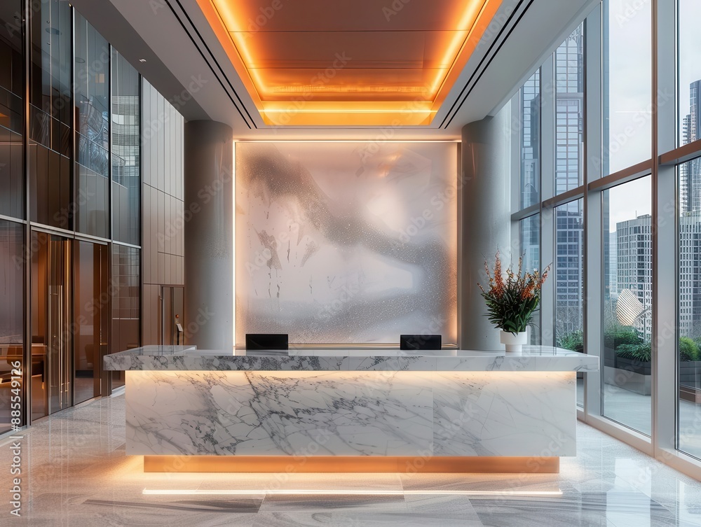sleek hotel reception area with floating marble desk and ambient ...