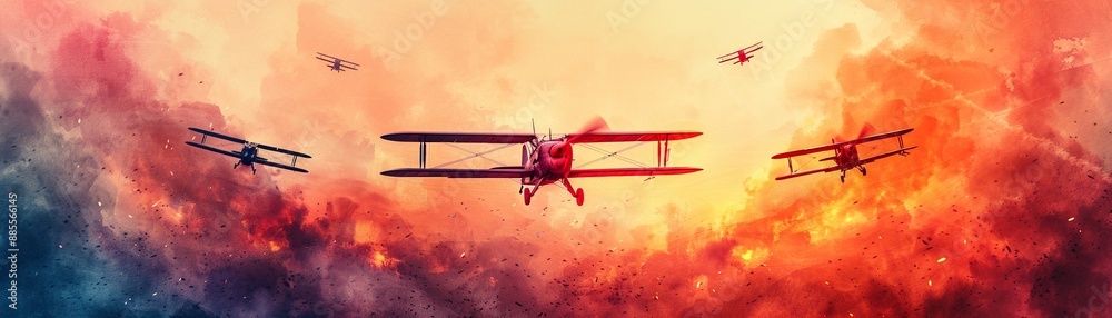 Historical army with ironclad choppers and biplanes, fighting in an ...