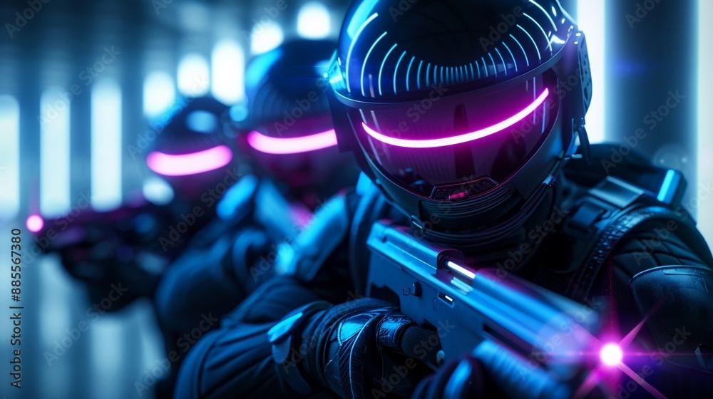 Futuristic soldiers in a hightech fight, equipped with safety shields ...
