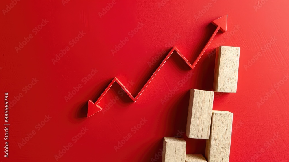 Red background with wooden blocks showing a declining graph and ...