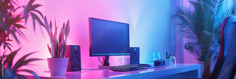 Neon-lit Gaming Setup with Tropical Vibes - A vibrant and modern gaming ...