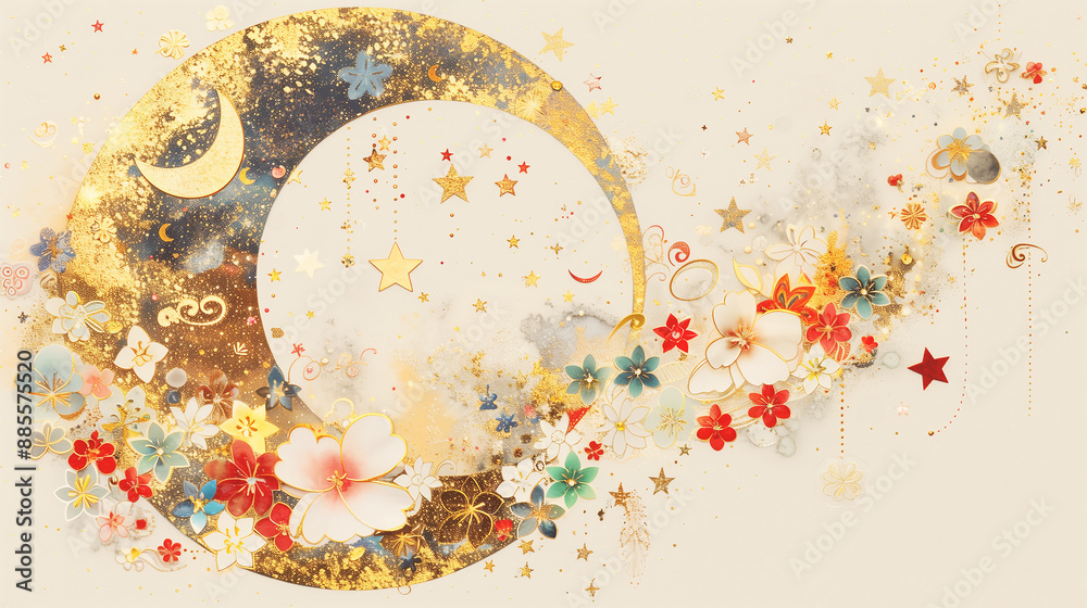 abstract ethereal moon background with warm golden glittering stars ...