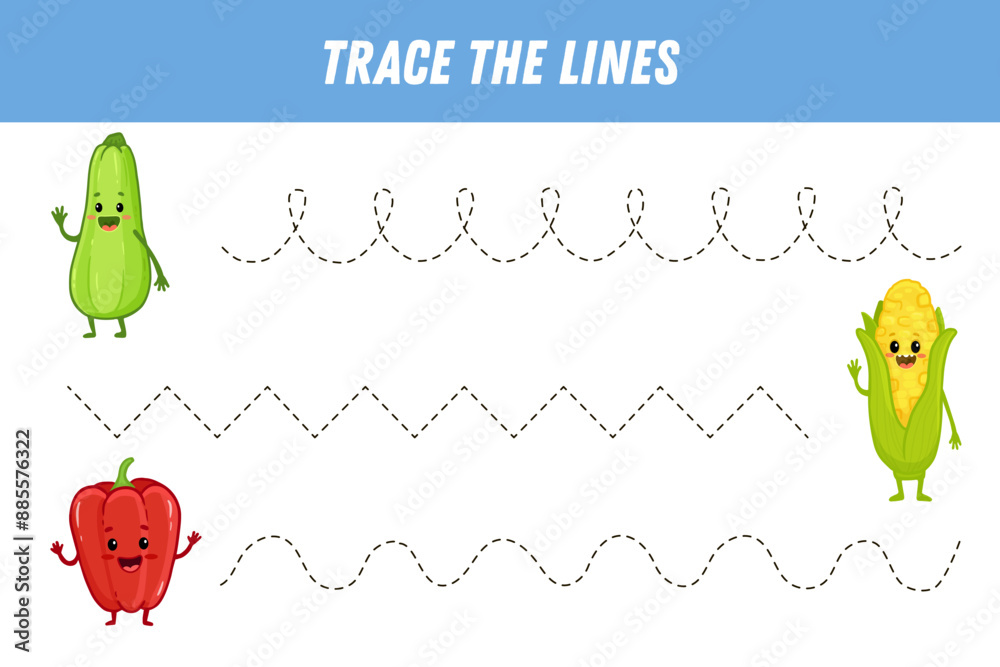 Tracing lines for kids. Cute cartoon vegetables. Zucchini , corn ...