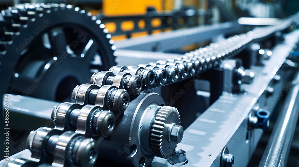 Gear chain drive shaft in conveyor belt is on production line. Timing ...