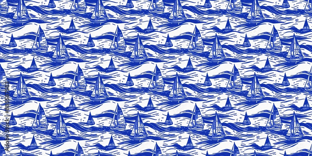 Coastal sail boat in azure ocean blue seamless border background ...