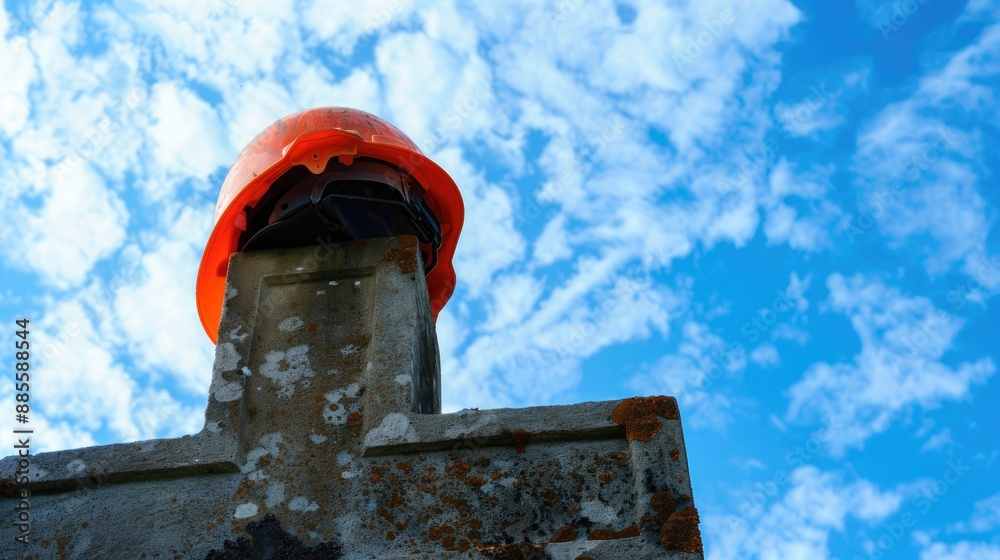 Workplace safety symbol Orange hard hat on stone cross against blue sky ...
