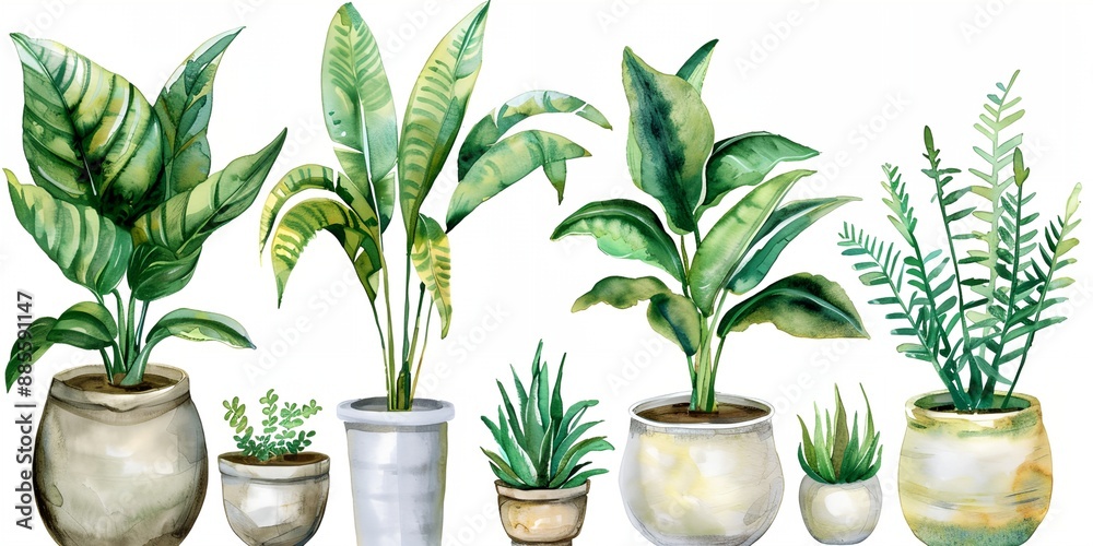 Row of potted plants with different sizes and shapes. House plants are ...