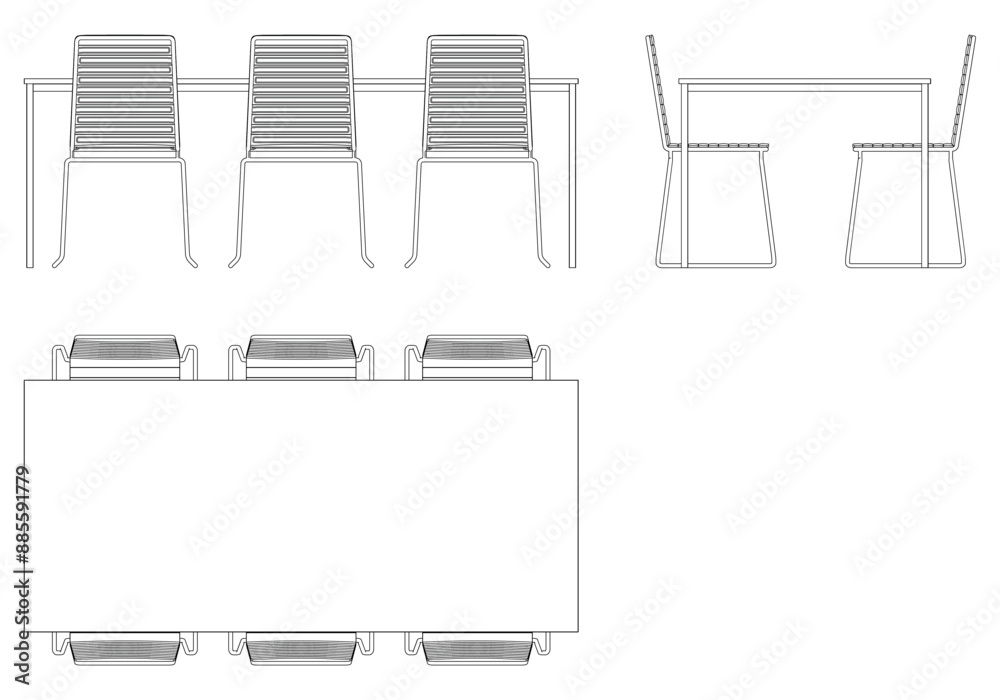 Chairs and Table Set Line Vector Illustration. Different Views of ...
