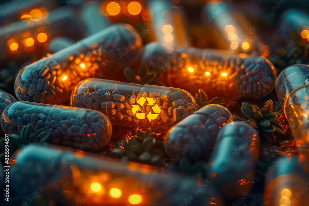 Glowing Capsules with Recycle Symbol Highlighting Sustainable Medicine ...