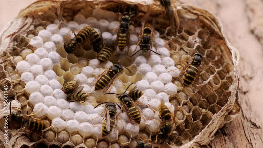 Vespula vulgaris Wasp swarming in honeycomb, honeycombs showing insect ...
