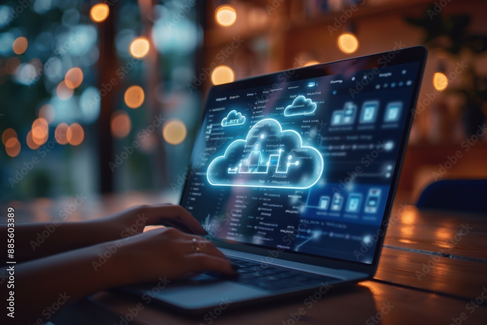 A person is typing on their laptop, with digital clouds and orange folder icons floating above ...