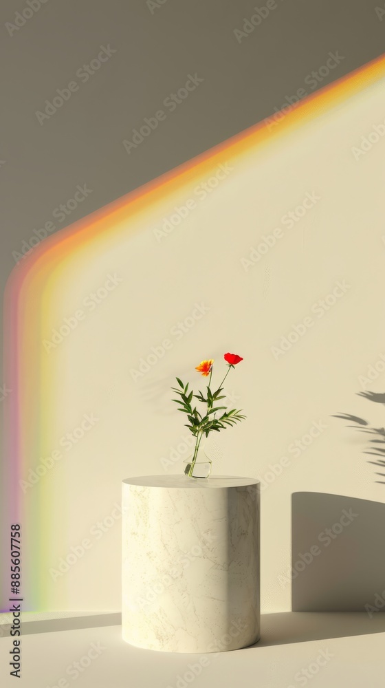 high end product shot with empty podium white marble around a few herbs ...