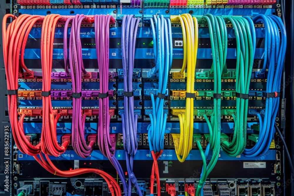 Network rack wiring diagram in blueprint style, color-coded cables ...