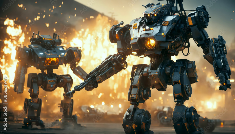 2 two robots machine mecha with weapon armory. art style. Alien ...